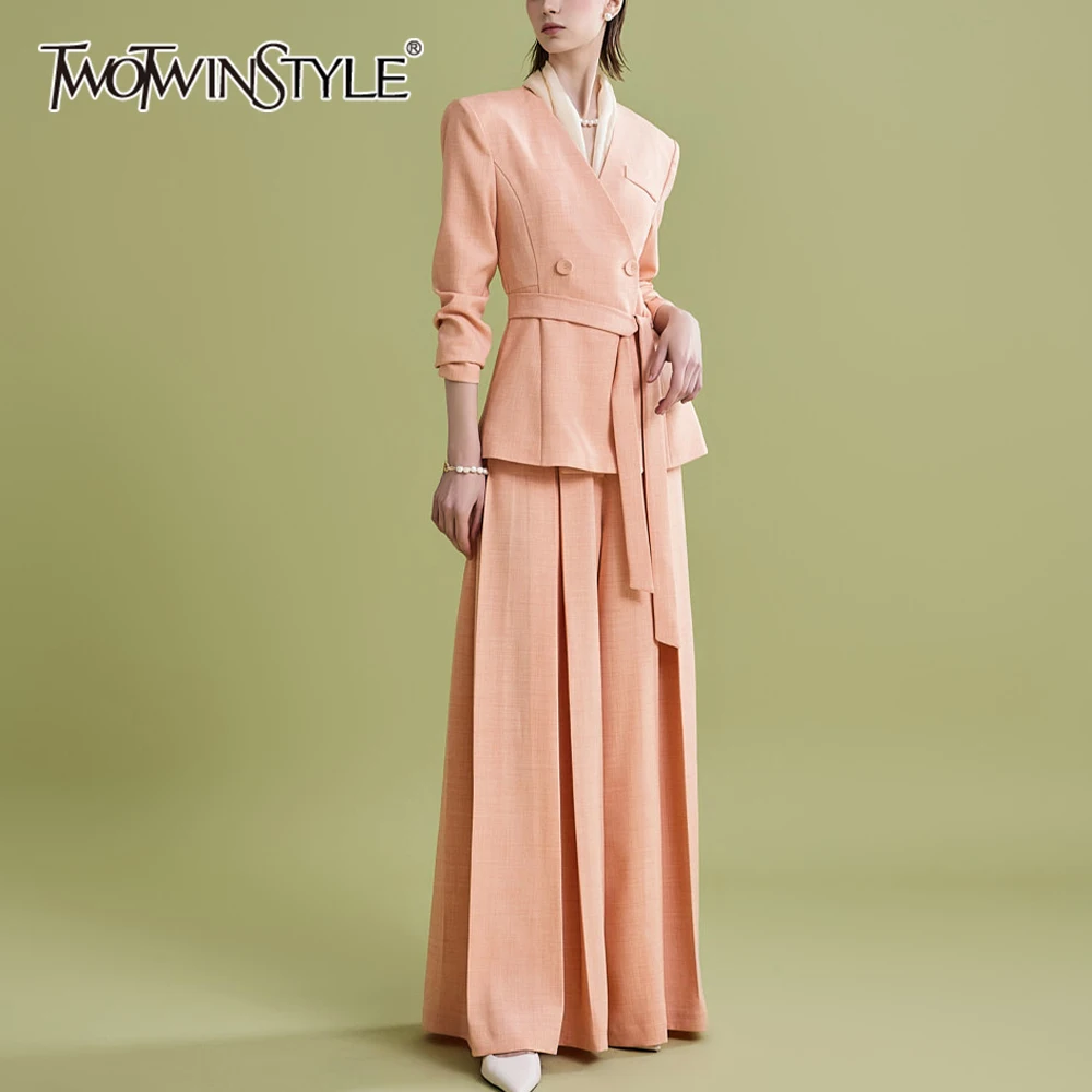 TWOTWINSTYLE-Solid-Elegant-Two-Piece-Set-For-Women-V-Neck-Long-Sleeve ...