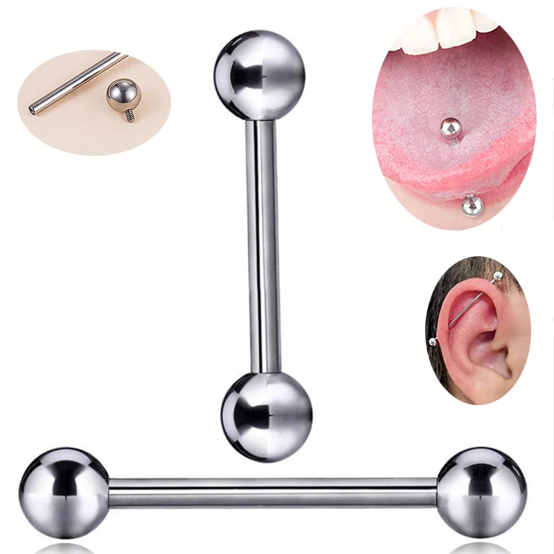 2Pcs G23 Titanium Industrial Barbell Balls Tongue Ring Lip Nipple Bar Stud 16G/14G Straight ...