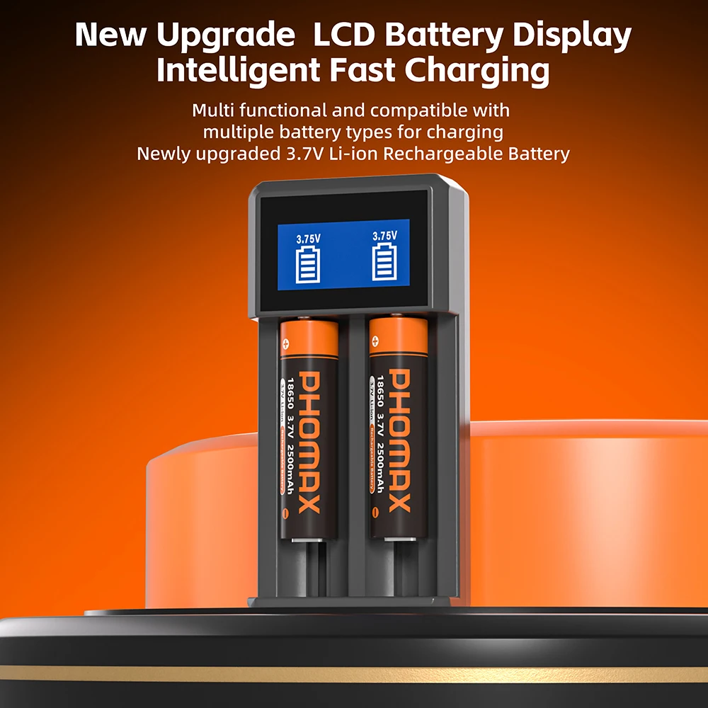 PHOMAX Lithium Battery 3.7V 18650 2500mAh Fast Charger Rechargeable ...