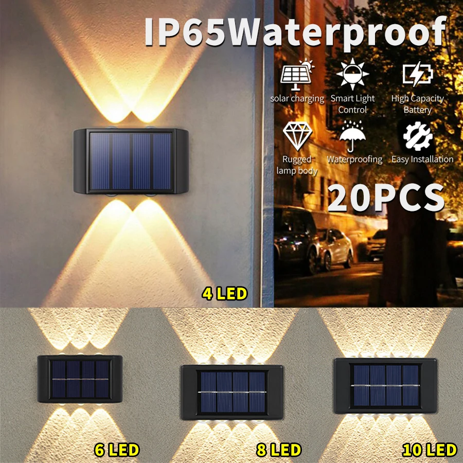 Solar-Wall-Lamp-Outdoor-Garden-Lights-Waterproof-10-8-6-4LED-Up-and ...