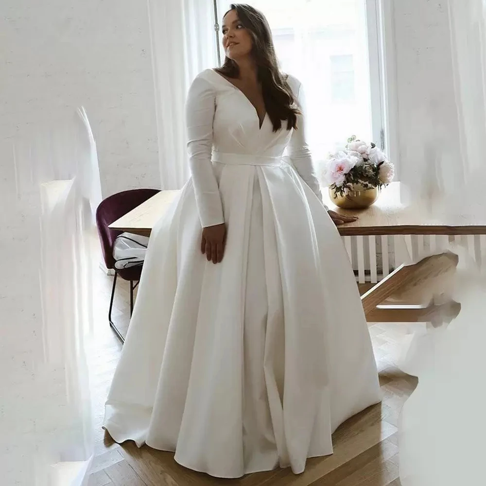 Elegant Plus Size Stain Wedding Dresses Long Sleeve V Neck Beach Bride ...