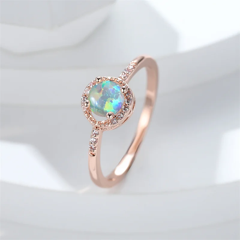 Simple Rainbow Birthstone Blue Fire Opal Rings For Women Rose Gold ...