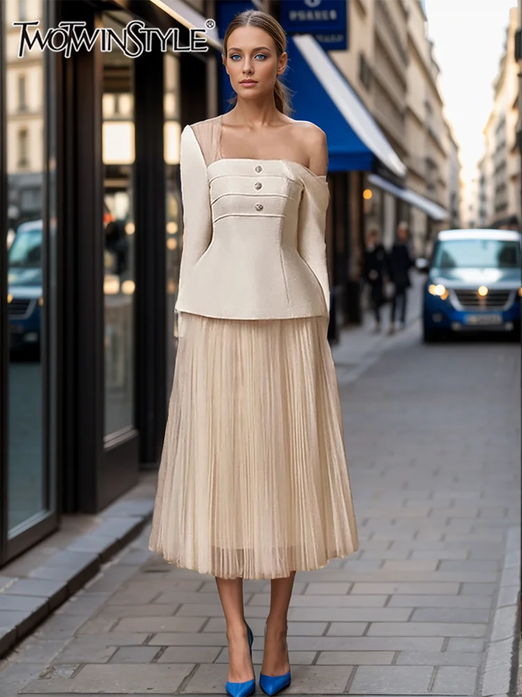 TWOTWINSTYLE-Elegant-Two-Piece-Set-For-Women-Diagonal-Collar-Long ...