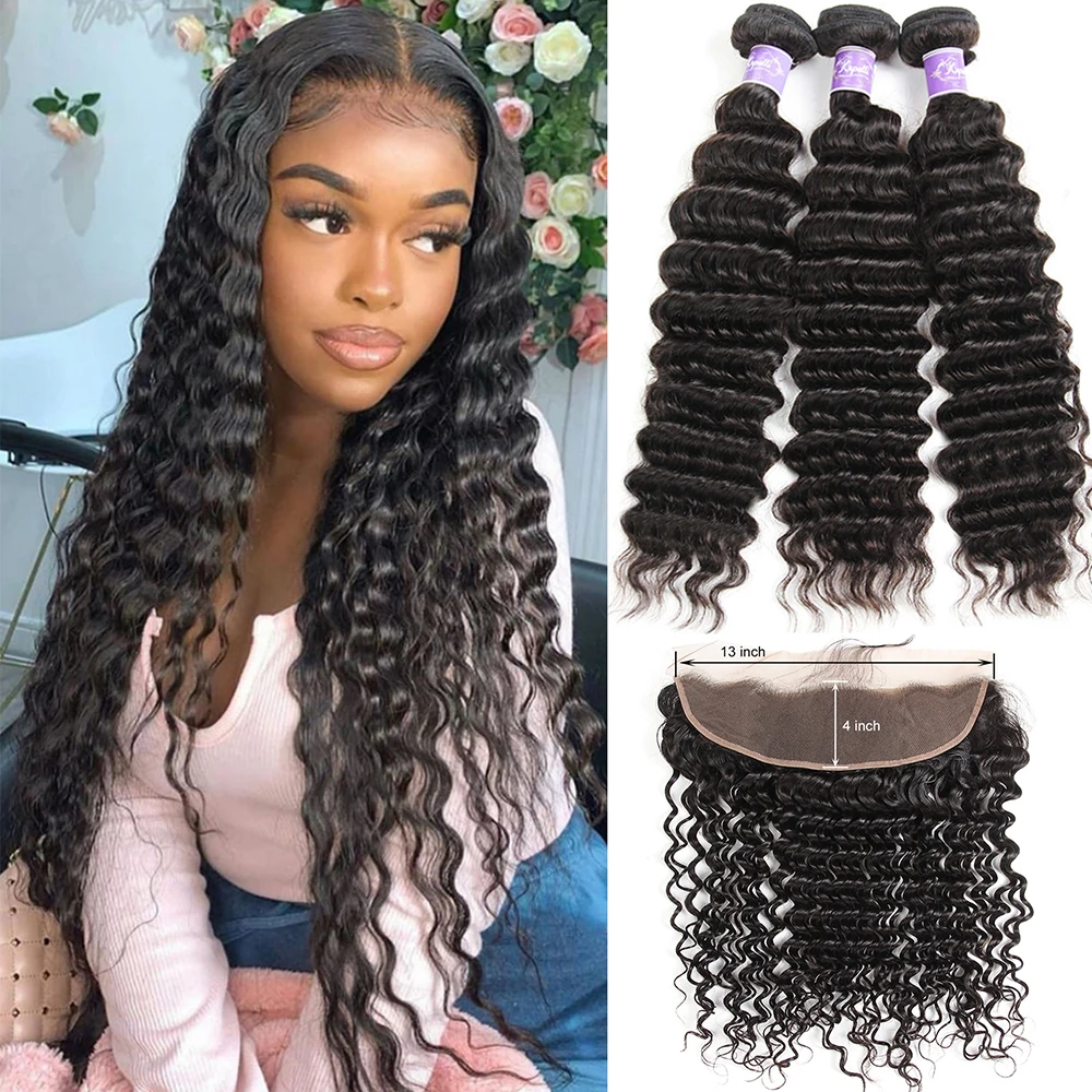 Deep Wave Human Hair 3/4 Bundles With Frontal Brazilian Hair Weave ...