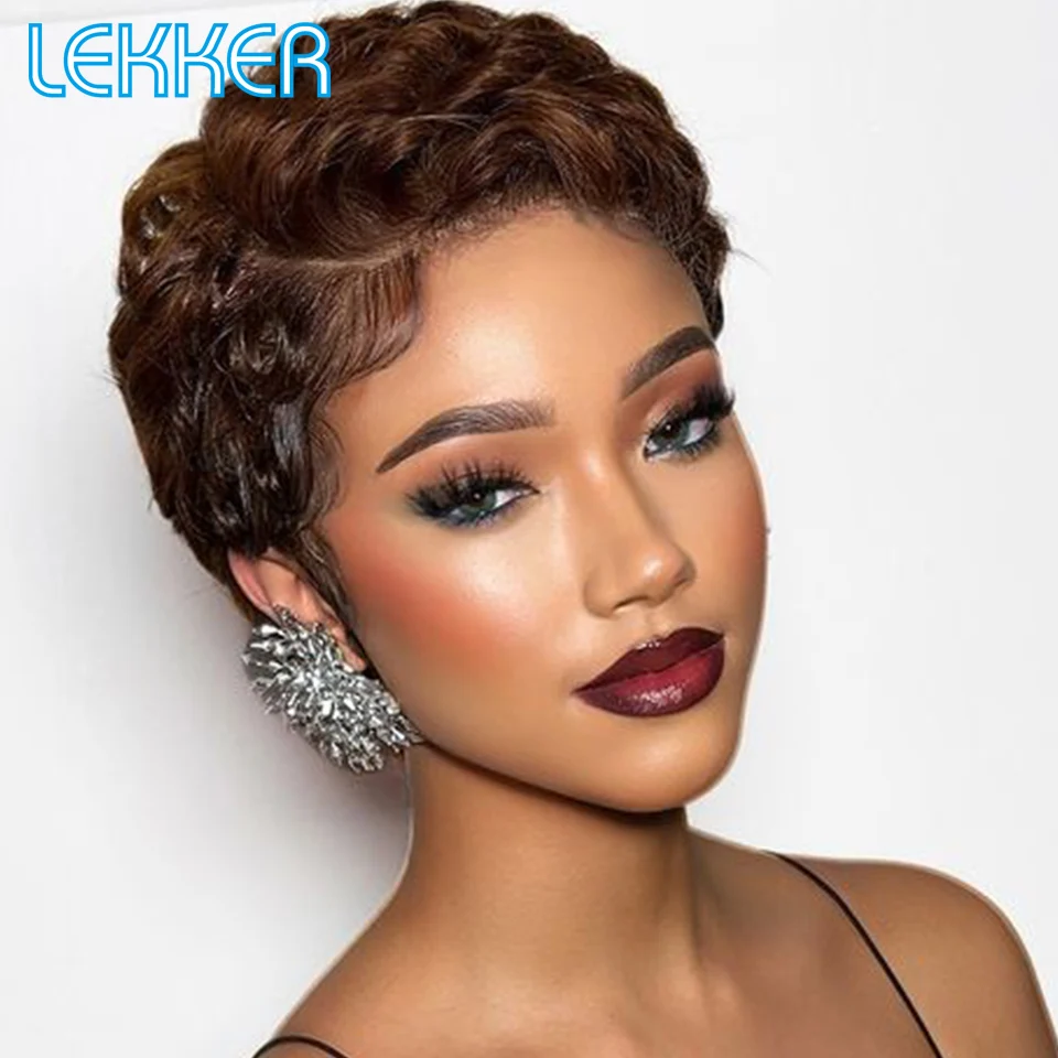 Lekker Highlight Brown Short Pixie Cut Bob 13x1 Lace Front 100% Human ...