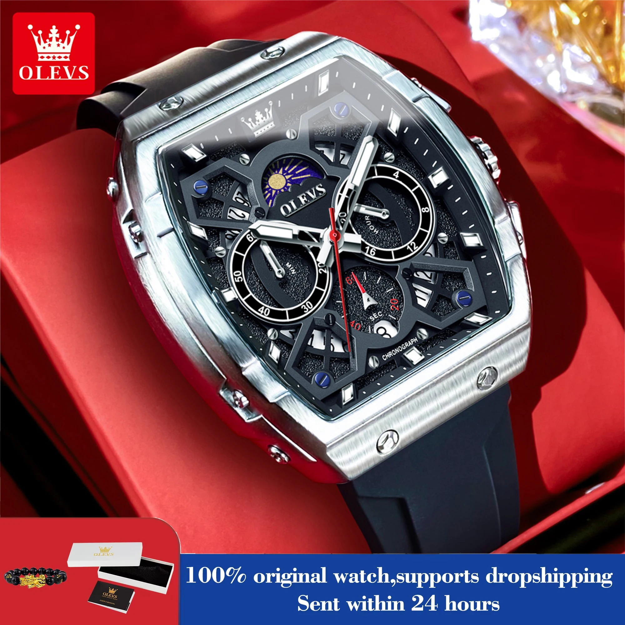 OLEVS 2942 Luxury Chronograph Quartz Watch For Men 44mm Big Dial Moon ...