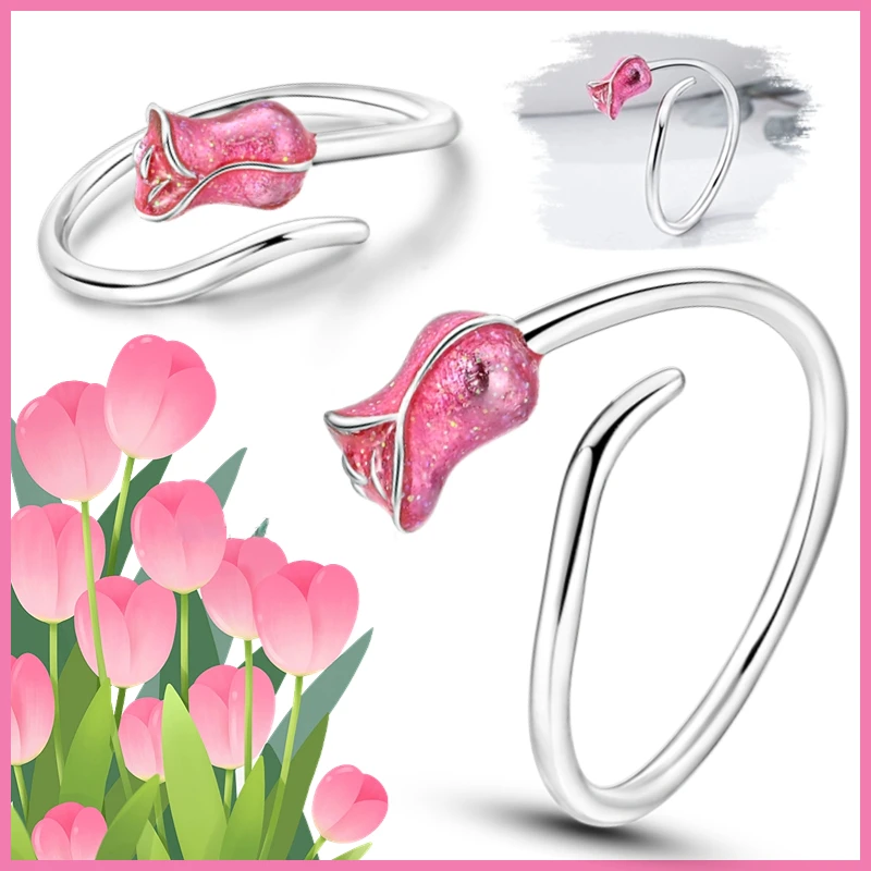 Rings-For-Women-925-Silver-Pink-Rose-Flower-Butterlfy-Adjustable-Size ...