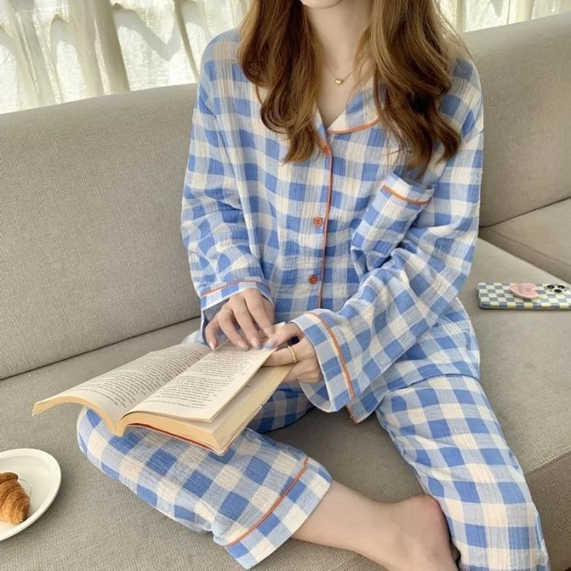 Cotton-Women-s-Nightwear-Korean-Sleepwear-Plaid-Pajamas-Female-Set ...