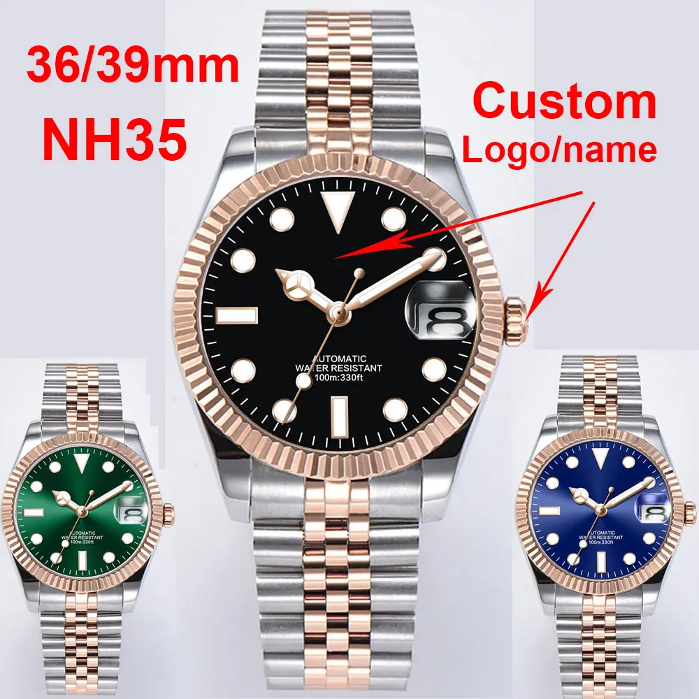Custom Logo/Name Watch Rose Gold 36mm/39mm Polished Automatic Men Watch ...