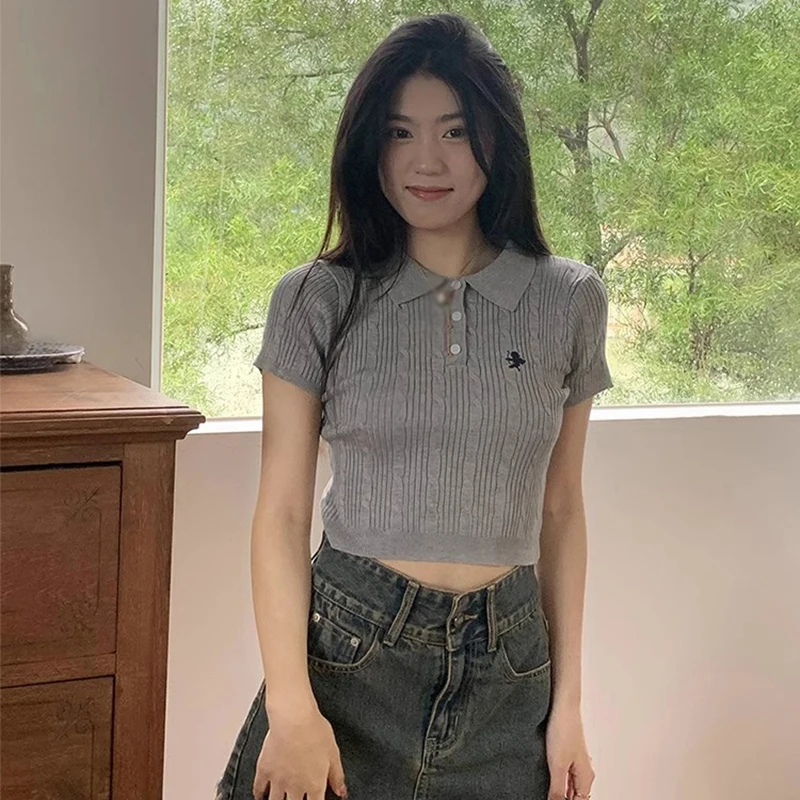 summer tops Women's Crop Top Summer Korean Version Turndown Collar Slim ...