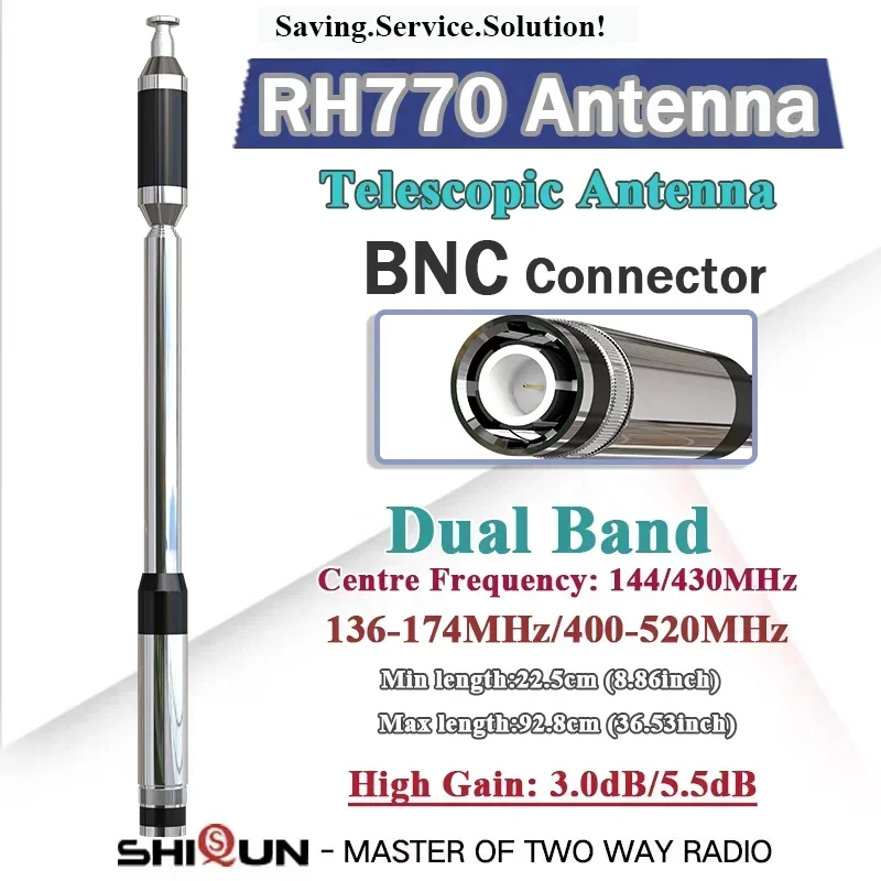 RH-770 Antenna BNC Connector Dual Band 144/430Mhz High Gain Telescopic ...