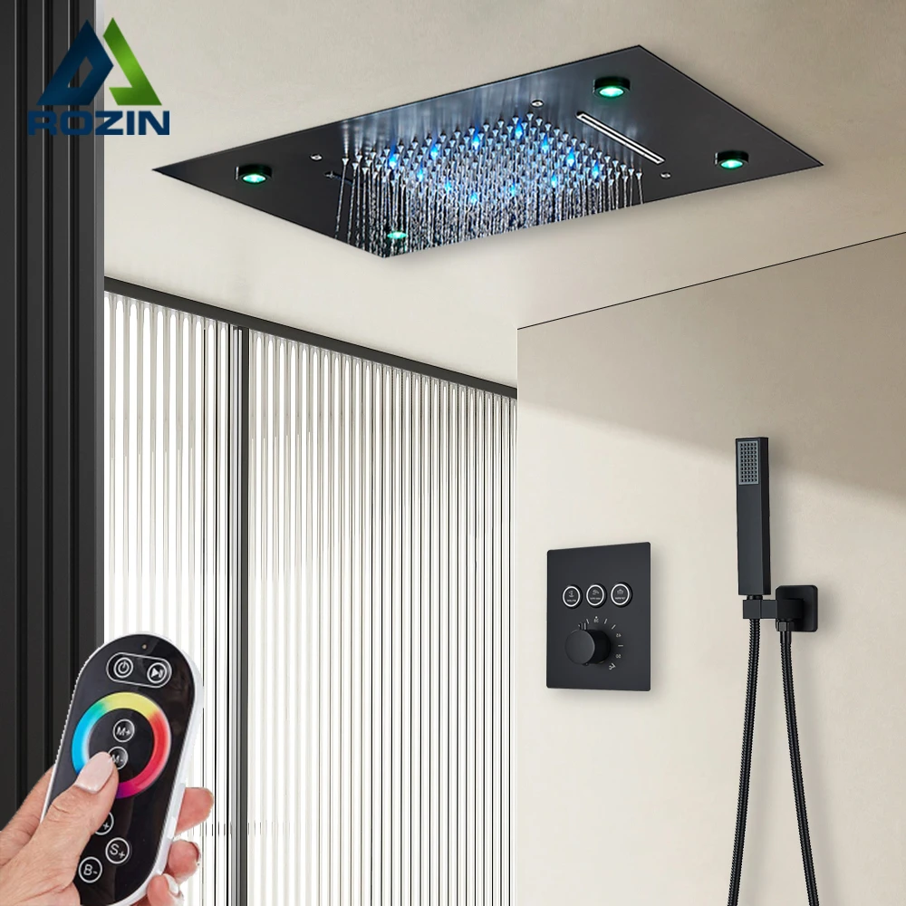 Black Thermostatic Bathroom Shower Faucet Set Remote Led Rainfall Head ...