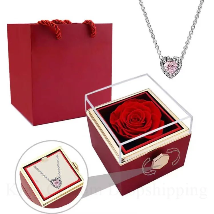 New Eternal Real Rose Rotating Box Heart Crystal Diamond Necklace ...