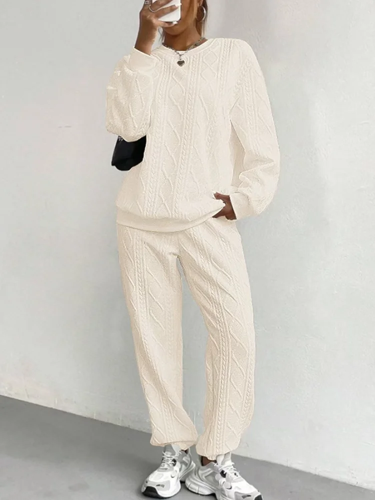 Women Solid Cable Knitted Pants 2-piece Set Casual Long Sleeve Loose ...