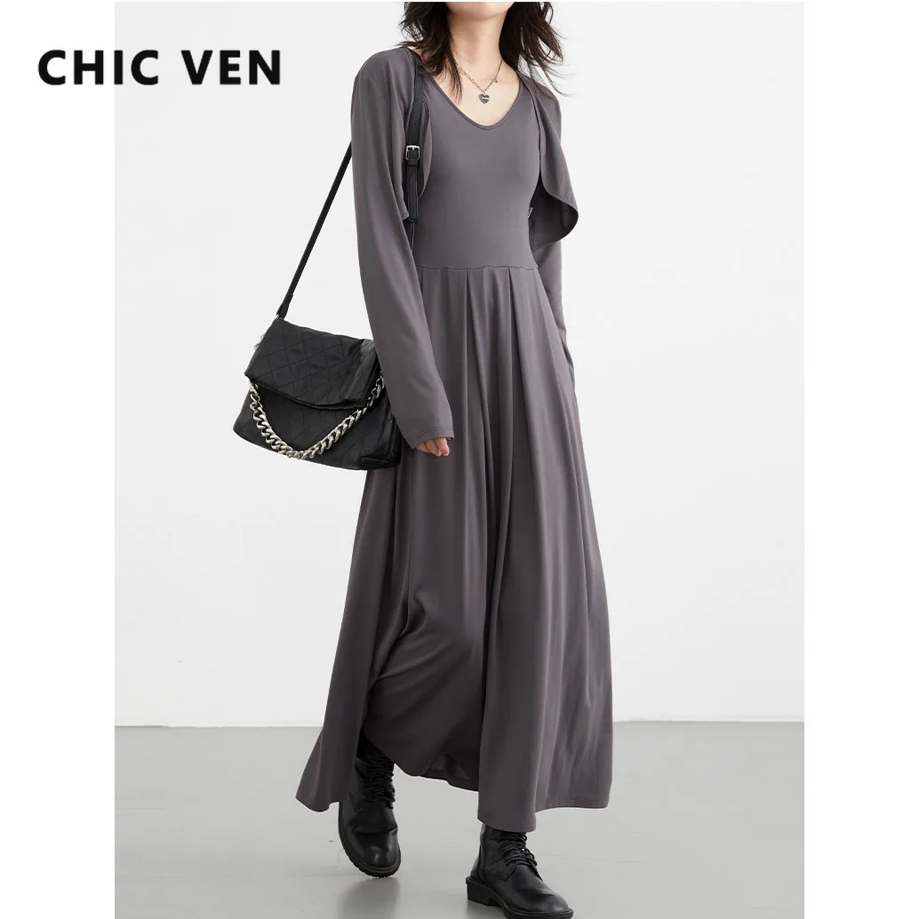 CHIC-VEN-Women-Dresses-Long-Sleeve-New-Short-Female-Coat-V-Neck-Pleated ...