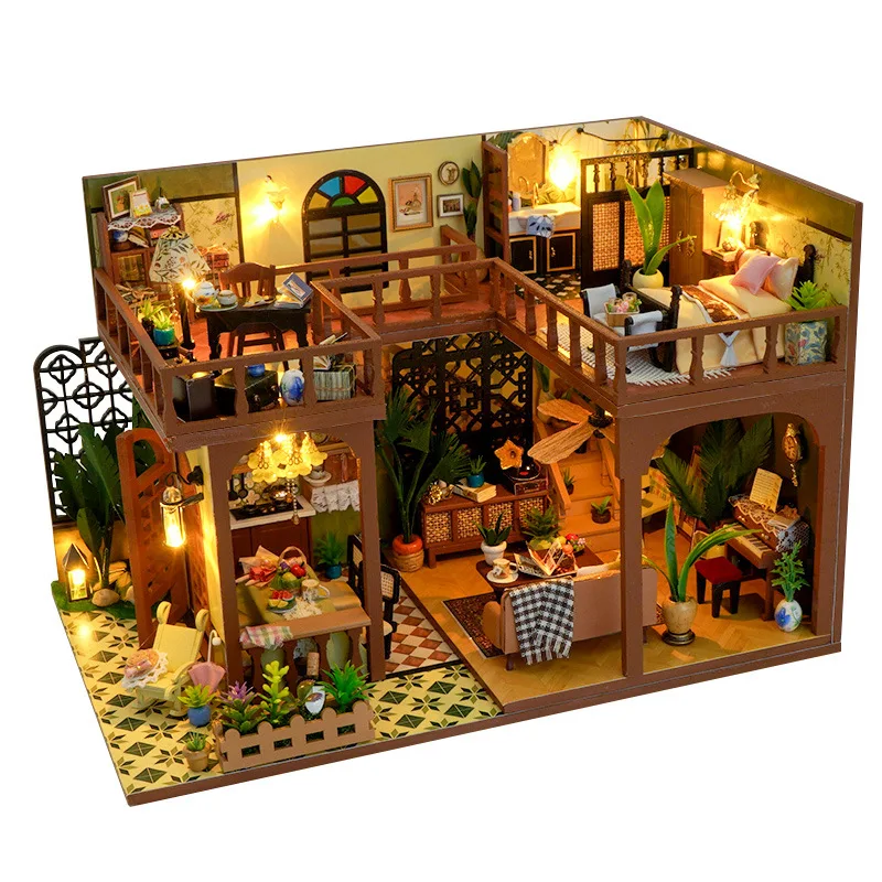 2025New Diy Mini Wooden Dollhouse Furniture Light Kit Doll House Casa ...