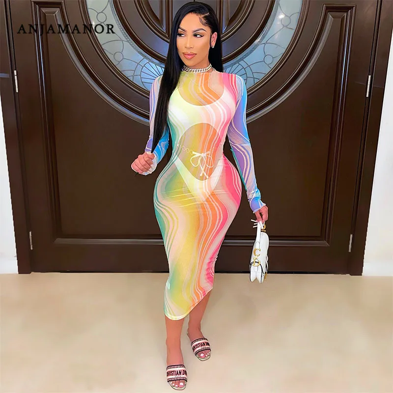 Anjamanor Sexy Gradient Geometric Print Mesh Sexy Dress Summer Outfits