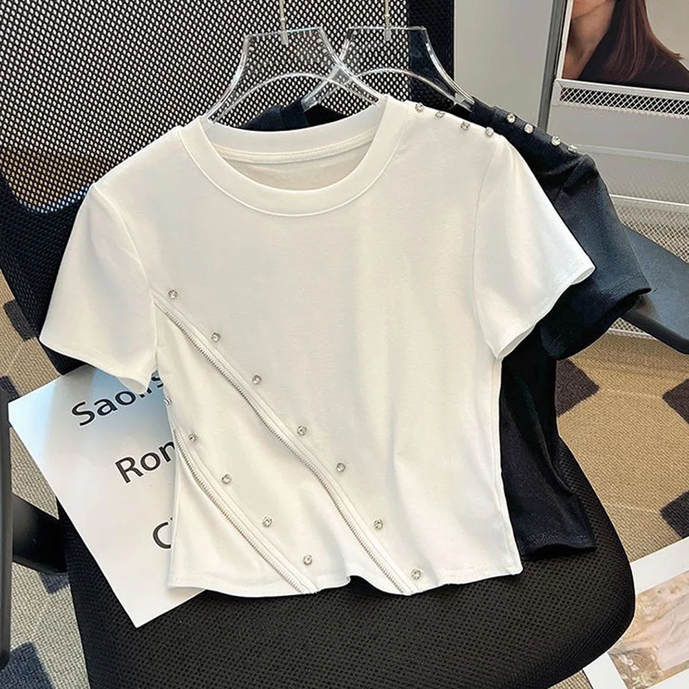 Fashion-Summer-Luxury-Diamonds-Beading-Tops-Female-Korean-Casual-O-Neck ...