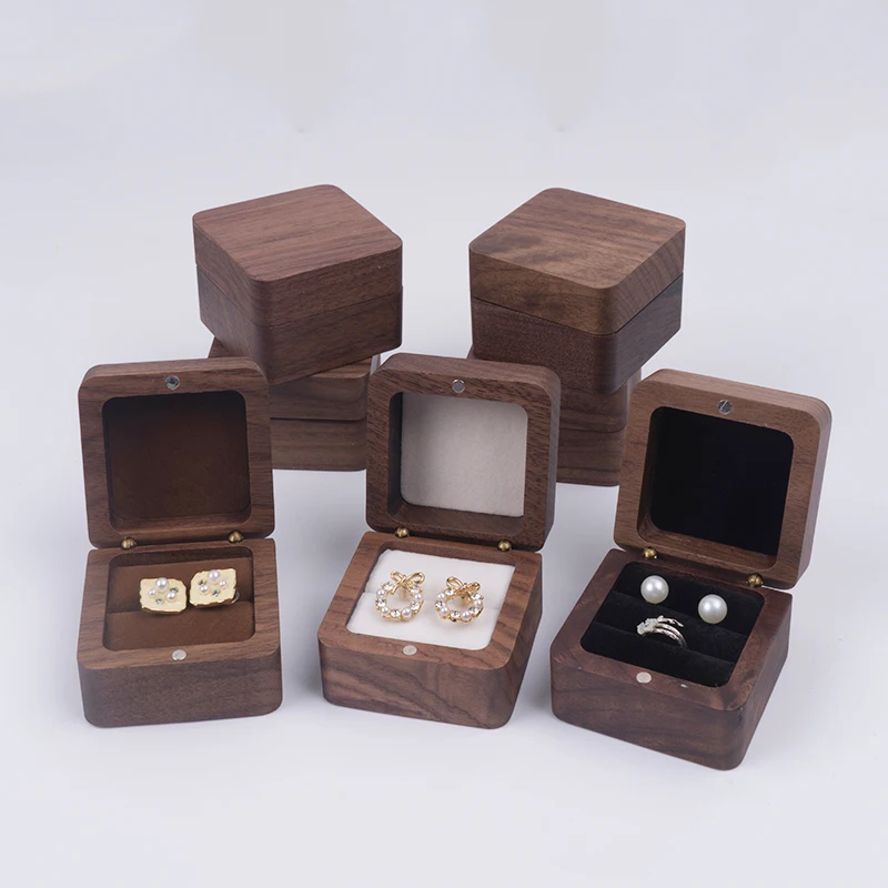 Vintage Wooden Ring Box Jewelry Organizer Square Wood Grain Wedding ...