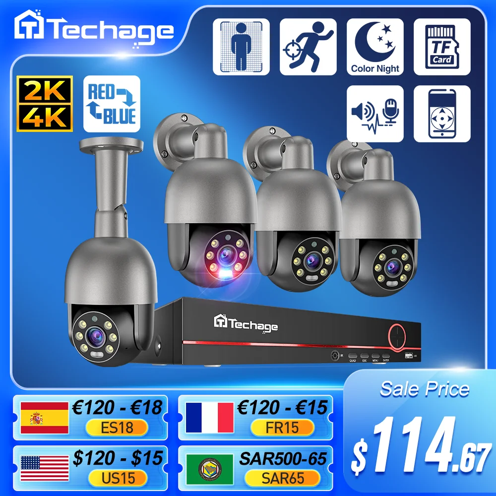 Techage – Caméra De Surveillance Extérieure Ip Poe 8ch, 4/5/8mp, Système De Sécurité Ptz, Avec ...