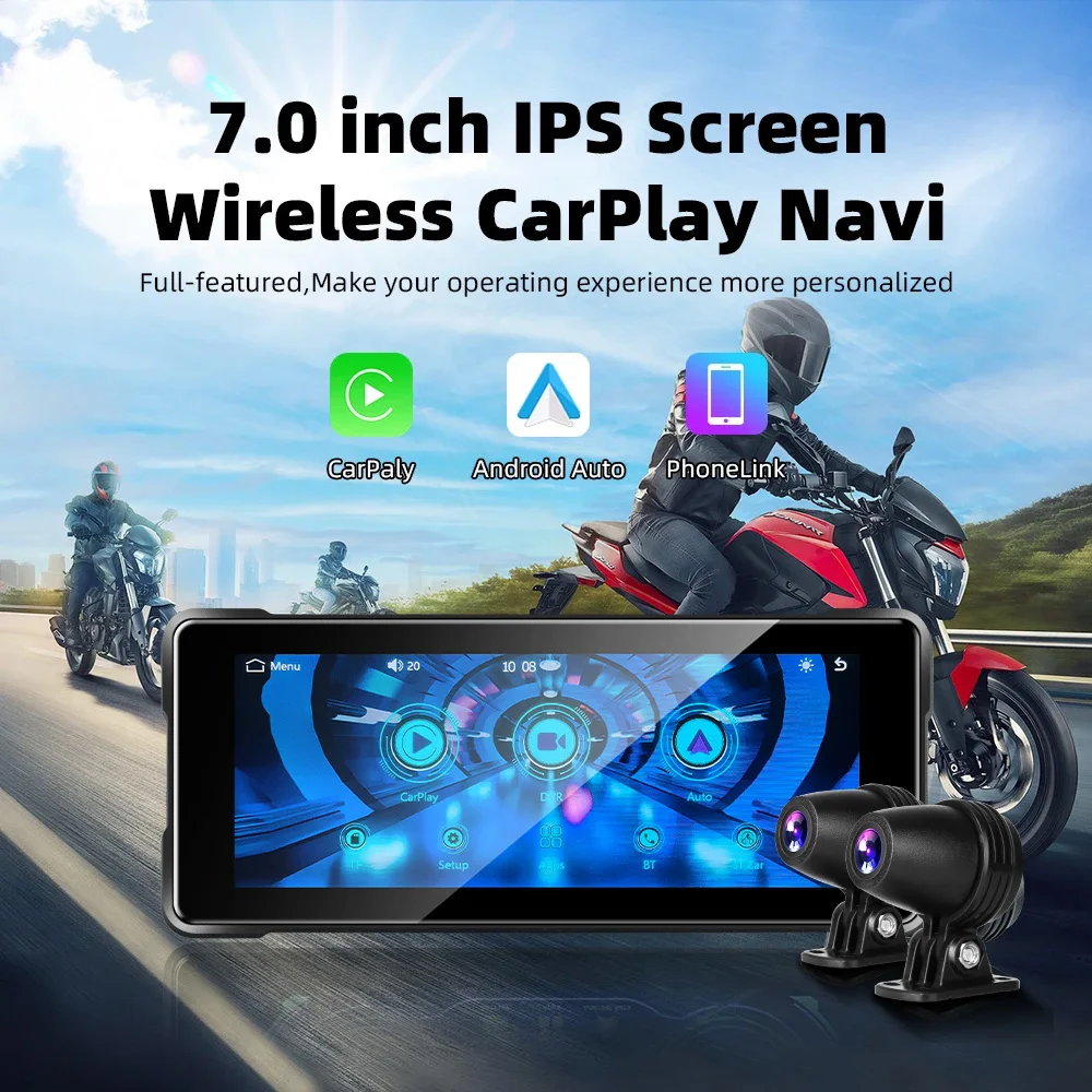 7-Motorcycle-DVR-GPS-navigator-Dash-Cam-Wireless-Carplay-Android-Auto ...