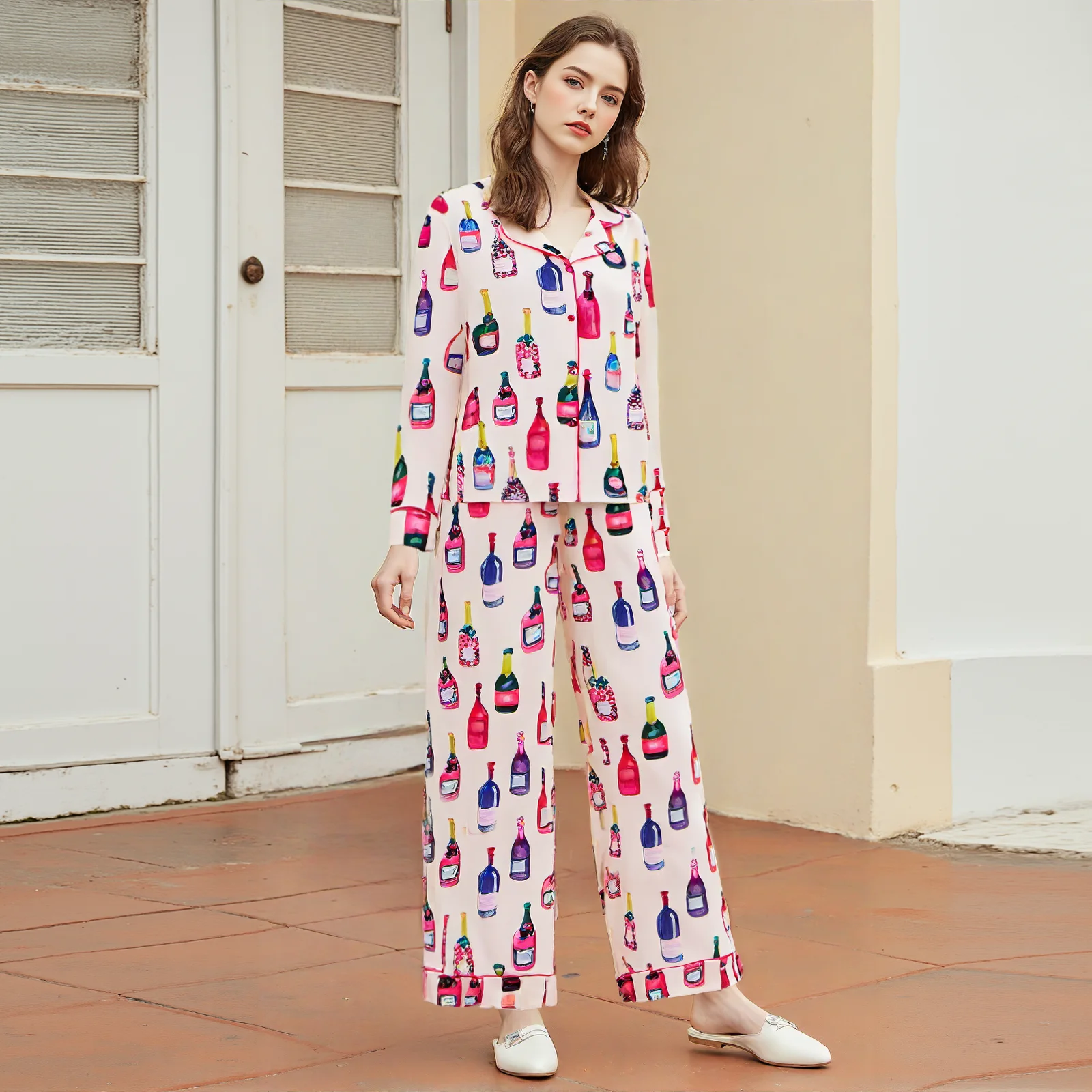 Womens Satin Pajamas Sets 2 Piece Set Champagne Bottle Wine Glasses ...