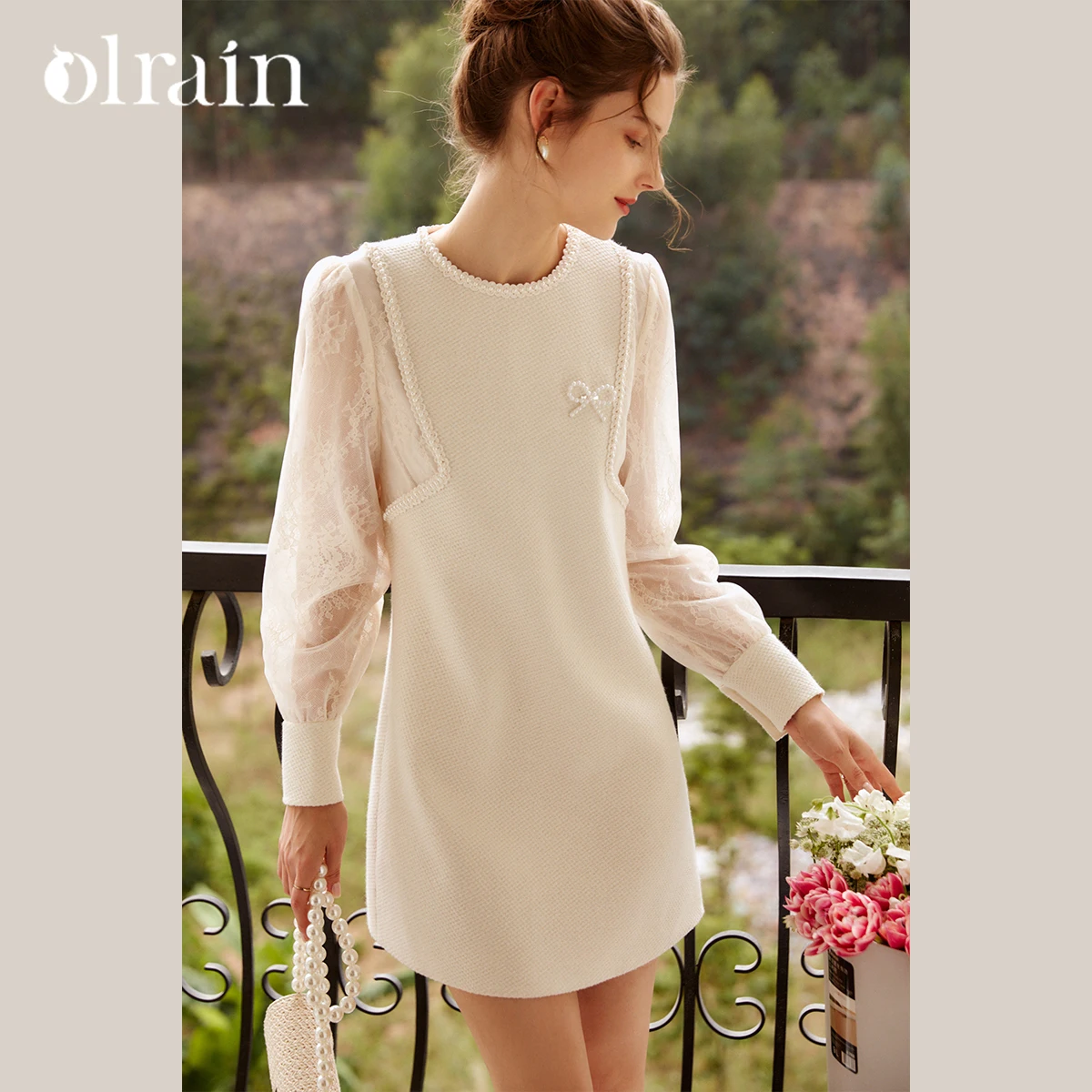 OLrain Elegant Party Short Dress Women Long Sleeve Lace Insertion Tweed ...