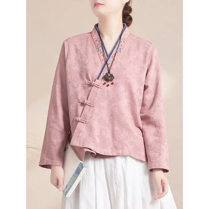 2026 autumn chinese style traditional cotton linen vintage blouse tang ...
