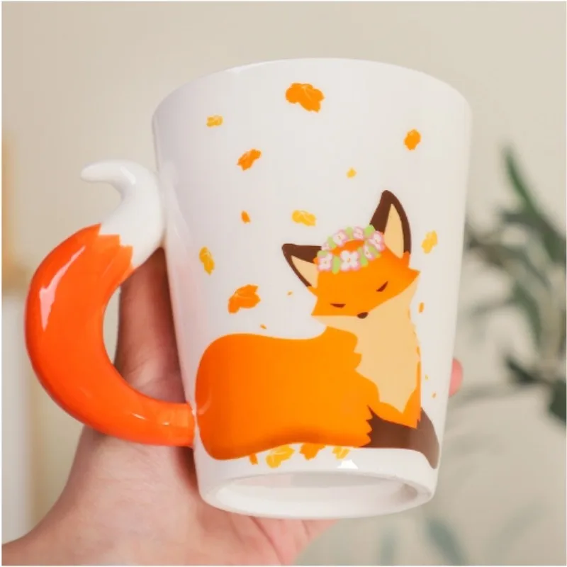 360ML Ceramic Fox Mug Creative Fox Tail Handle Water Cup Cartoon Animal ...