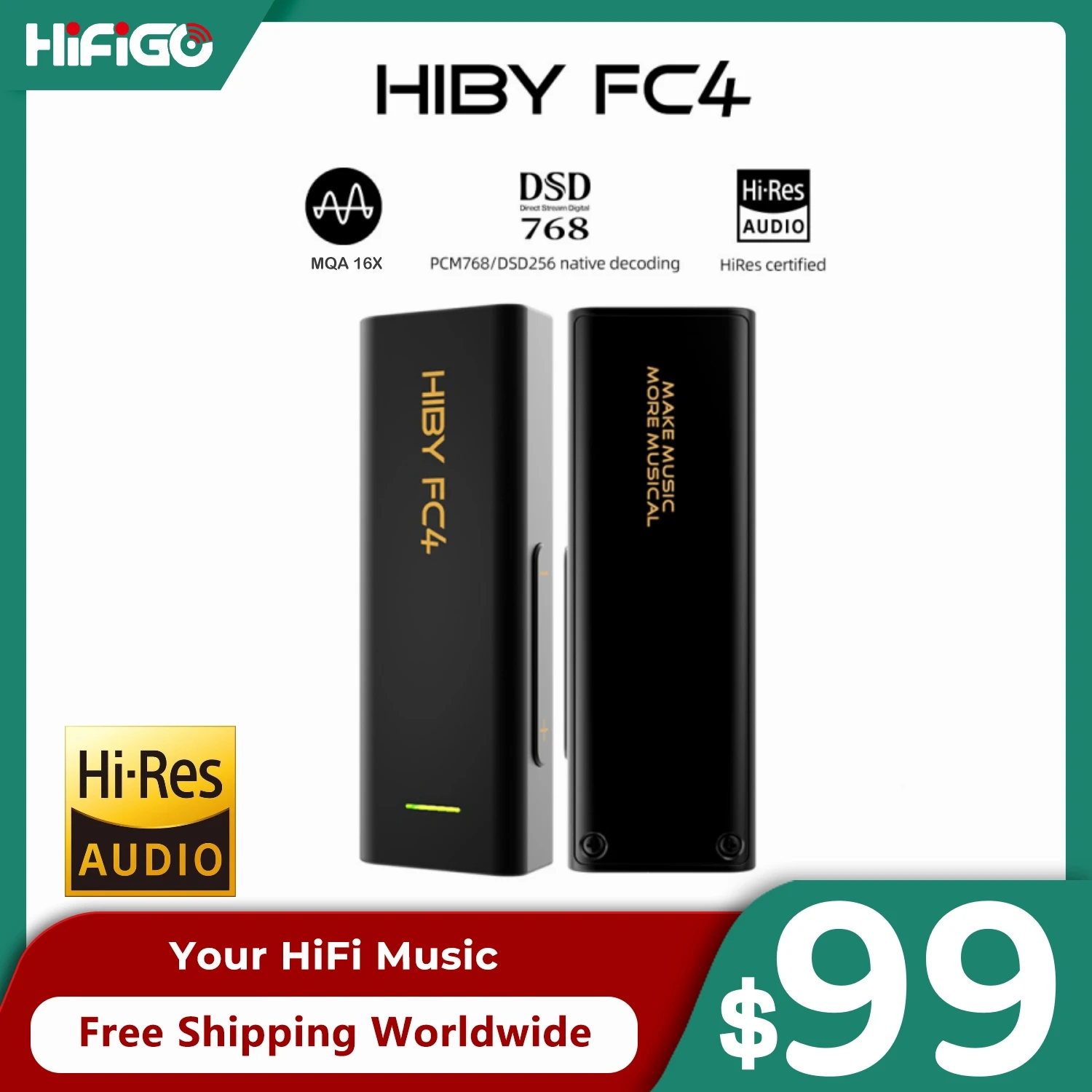 HiBy FC4 고해상도 휴대용 USB DAC/헤드폰 앰프, AMP MQA16 × 듀얼 ES9219PC, 안드로이드 iOS ...
