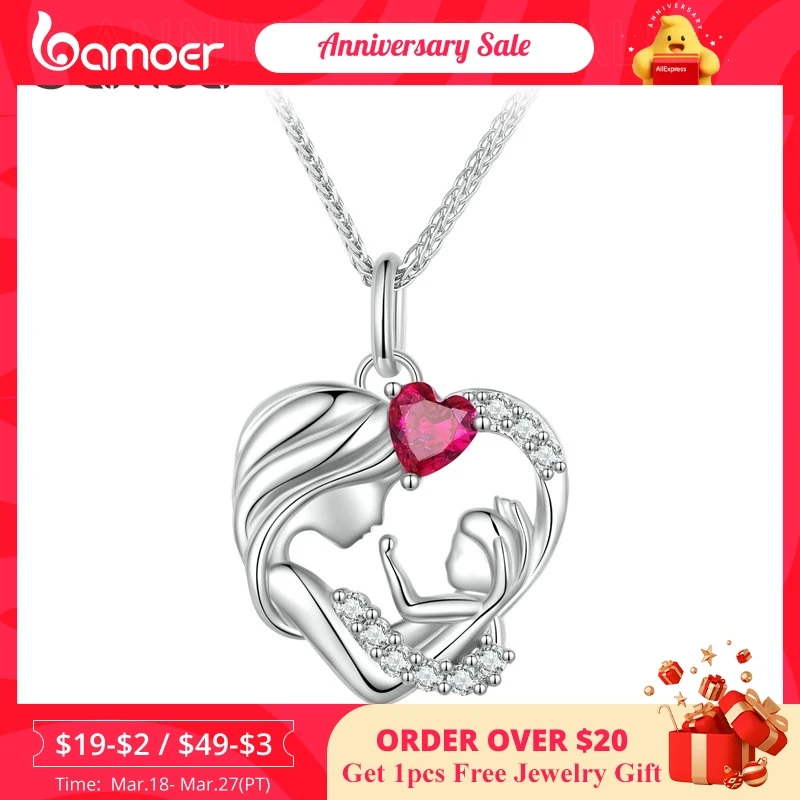 Bamoer 925 Sterling Silver Mother and Child Pendant Necklace for Women ...