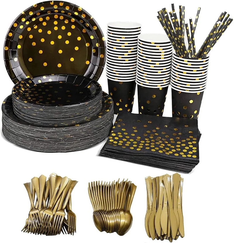 Cubertería desechable con estampado de lunares negros, mantel, plato ...