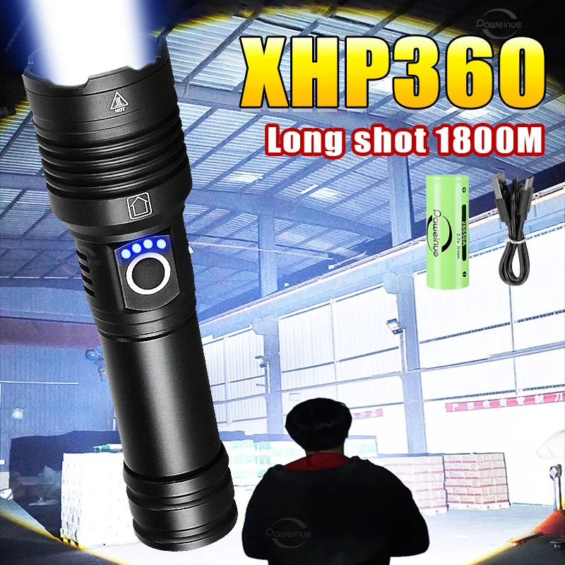 Ultra-Powerful-XHP360-Rechargeable-Flashlight-Super-Bright-LED-Torch ...