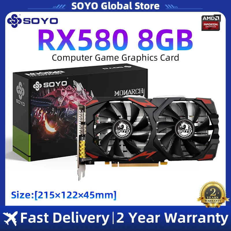 SOYO AMD RX580 8G Radeon 그래픽 카드, GDDR5 256 비트 8 핀 PCIE 3.0x16 HDMI DP ...