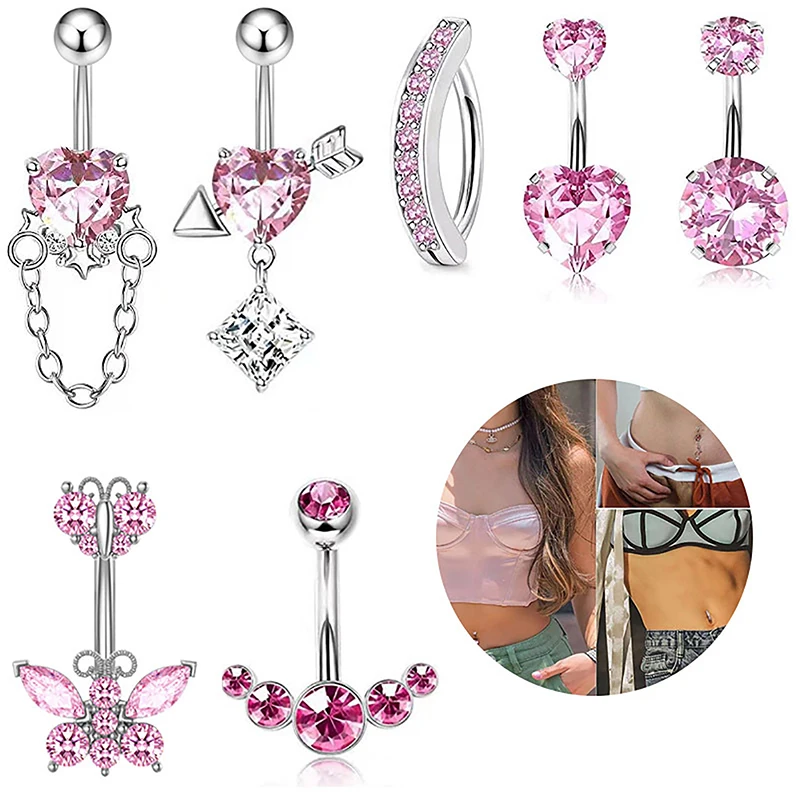 Stainless-Steel-Butterfly-Belly-Button-Ring-High-Quality-Pink-Rhinestone-Love-Navel-Piercing ...