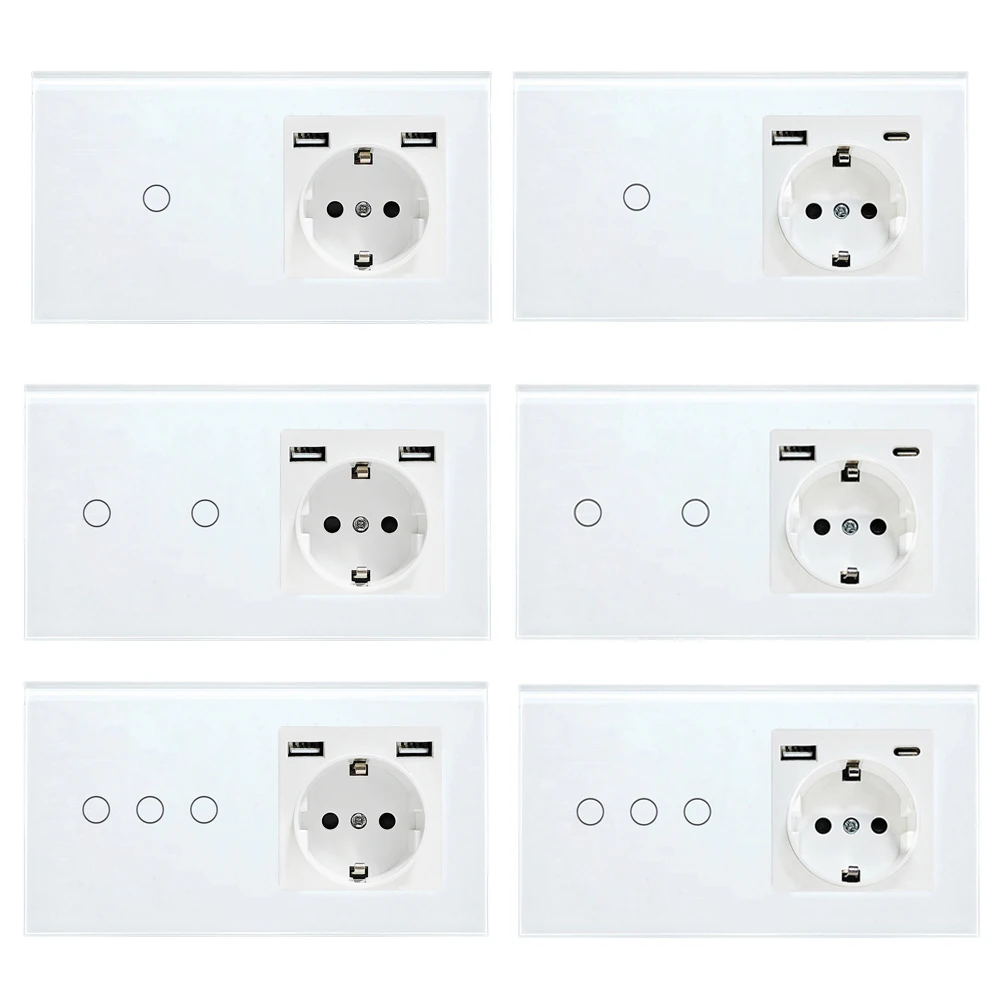 Eu Standard 1gang 2gang 3gang Touch Light Switch With 16A EU Socket USB ...