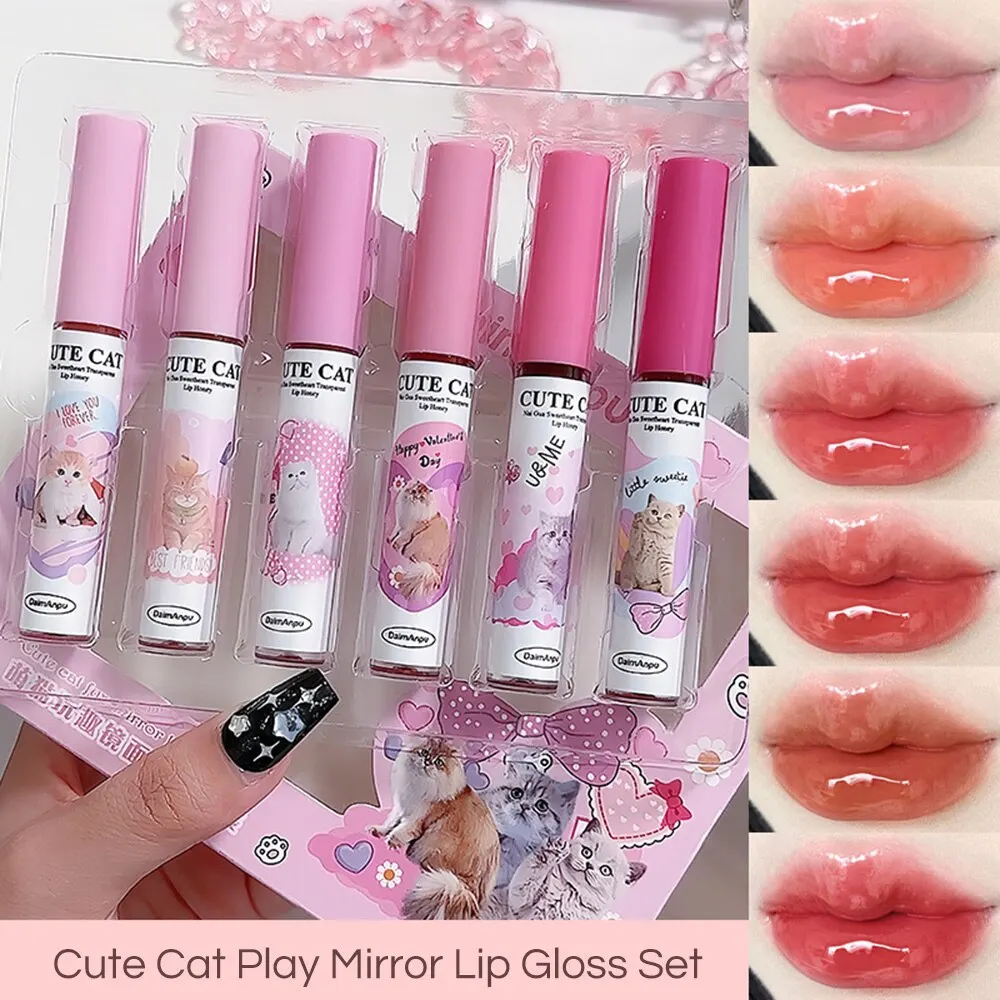 Cute Cat Fun Mirror Lip Glaze Set 6 Colors Highly Pigmented Lip Stain ...