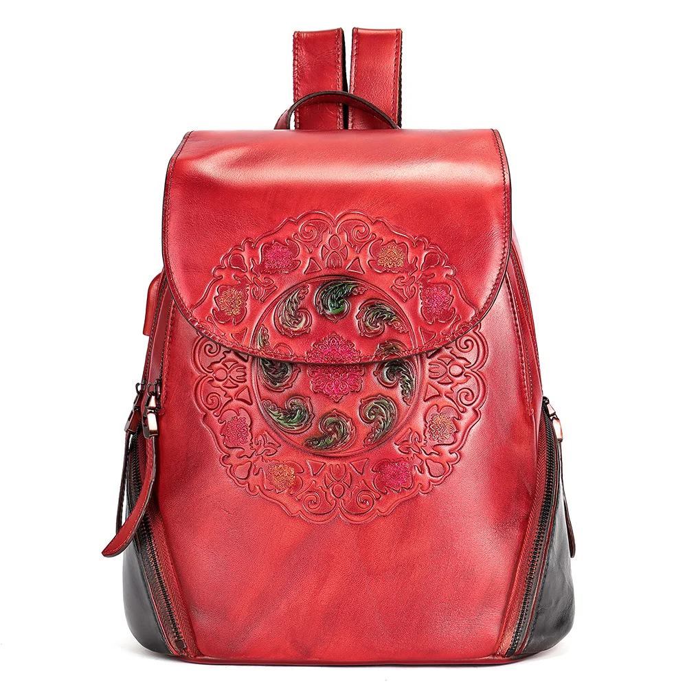Retro-Embossed-Floral-Backpack-For-Women-Gennuien-Leather-School-Bag ...