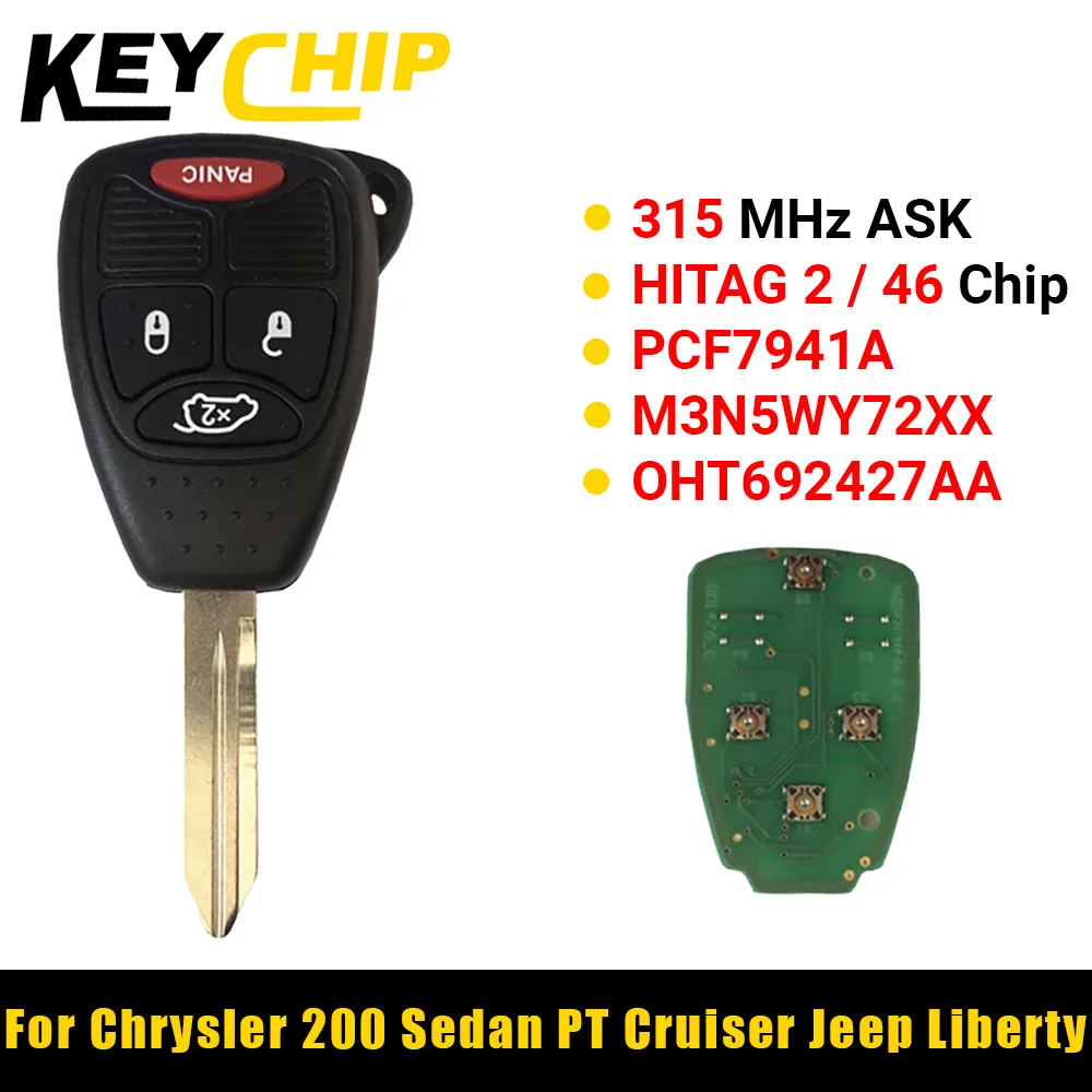 KeyChip 3+1 Buttons Remote Car Key 315 MHz ASK 46 Chip PCF7941A ...