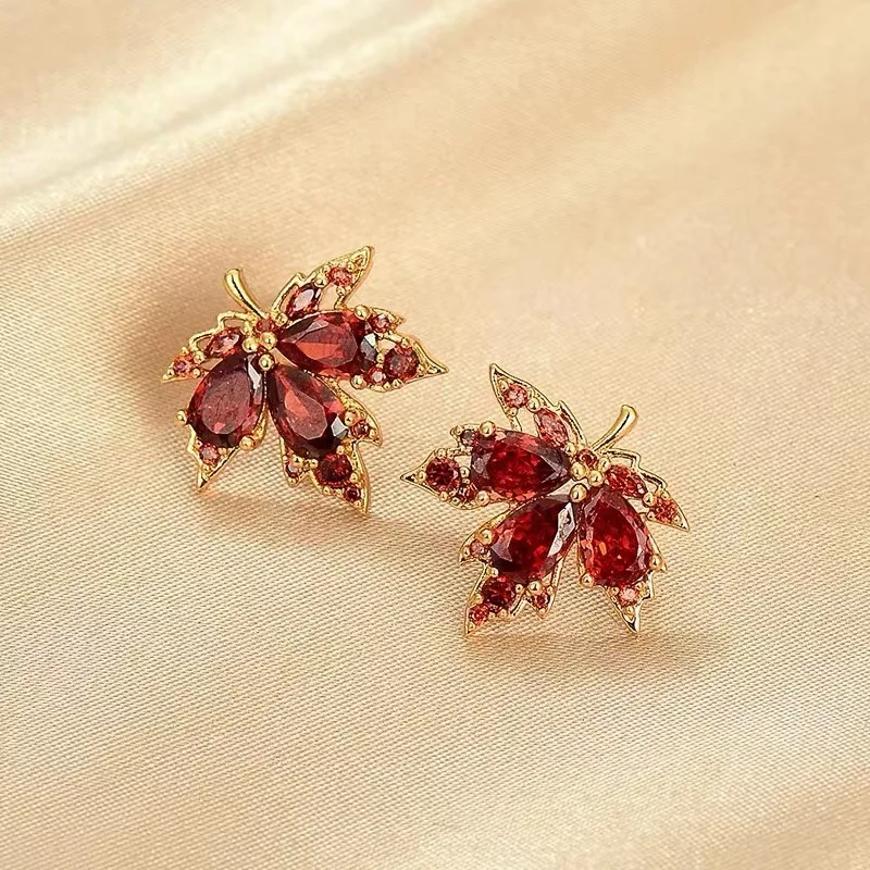 Dark-Red-Crystal-Maple-Leaves-Earrings-for-Women-Fashion-Korean ...