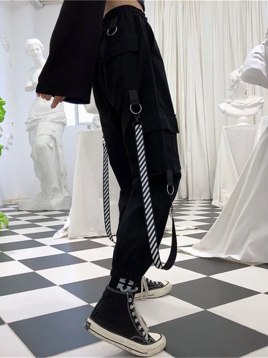 Black High Waist Cargo Pants Women Pockets Patchwork Loose Streetwear ...