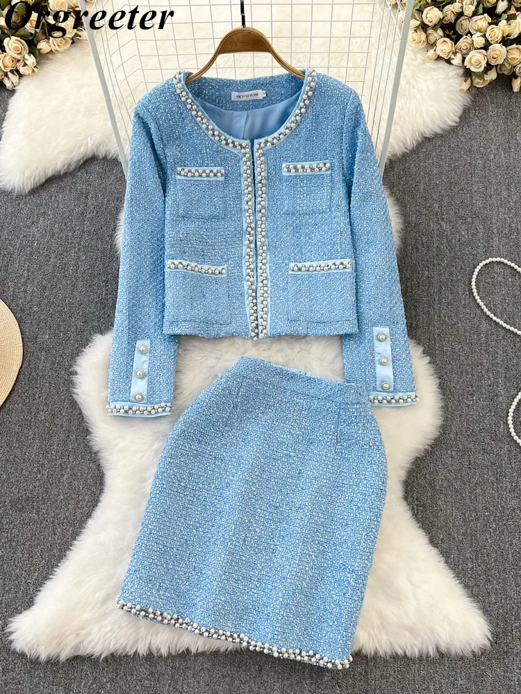 High Quality Elegant Blue Tweed Jacket Women's Two Piece Sets Outfits ...