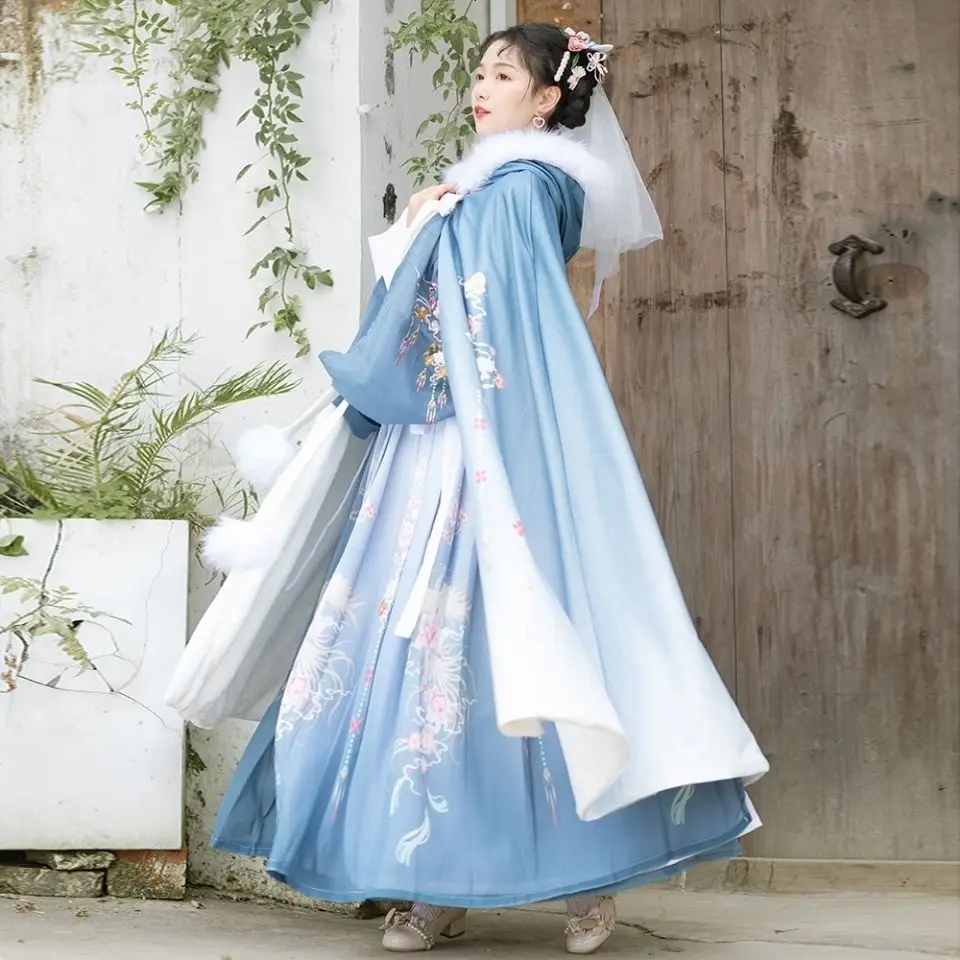 Traditional Hanfu Cloak Women Winter Printed Plush Thickened Mid Length ...