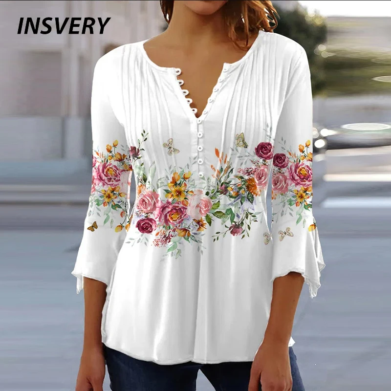 Spring-Summer-Flower-Print-Shirt-Women-V-Neck-Button-T-Shirts-For-Women ...
