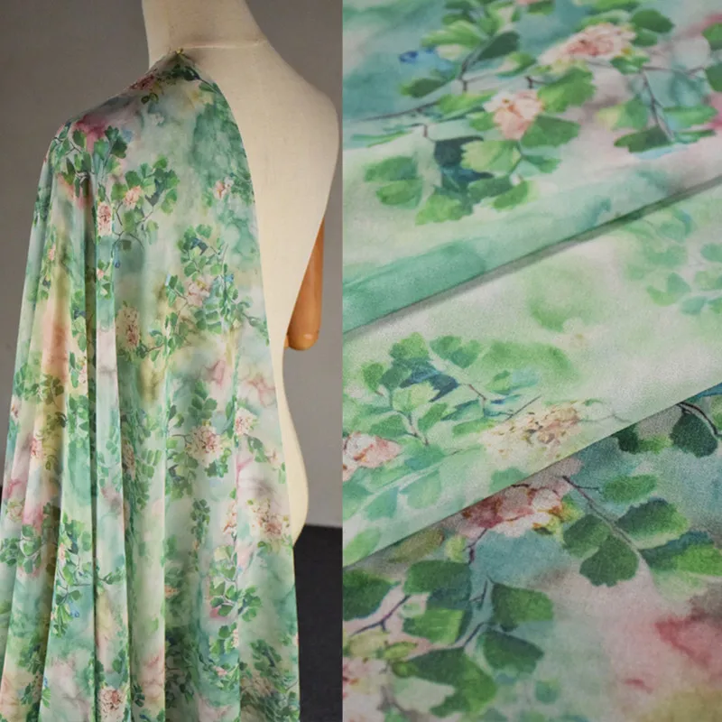 Flower-Print-Fabric-for-Lady-s-Garment-Green-Pink-Flower-Print-Han ...