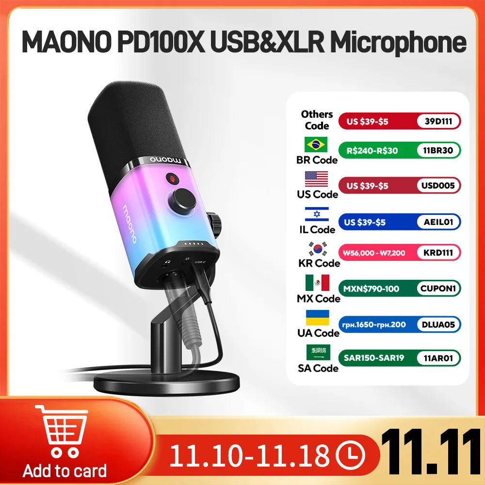 MAONO-PD100X-Gaming-MIC-USB-XLR-Dynamic-Microphone-with-Noise-Reduction-Mute-Headphone-Jack-RGB ...