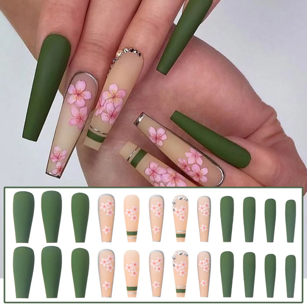 New-2021-24PCS-Long-Press-on-Nails-Pink-Floral-Design-Fake-Nails-Full ...