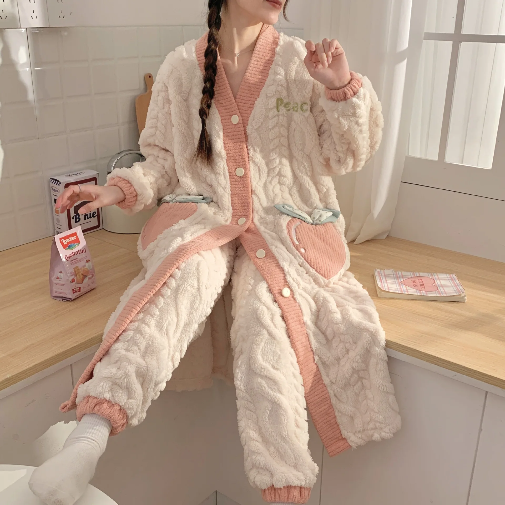 Winter Pajamas For Women Cartoon Hooded Long Robe With Pants Cute Home ...