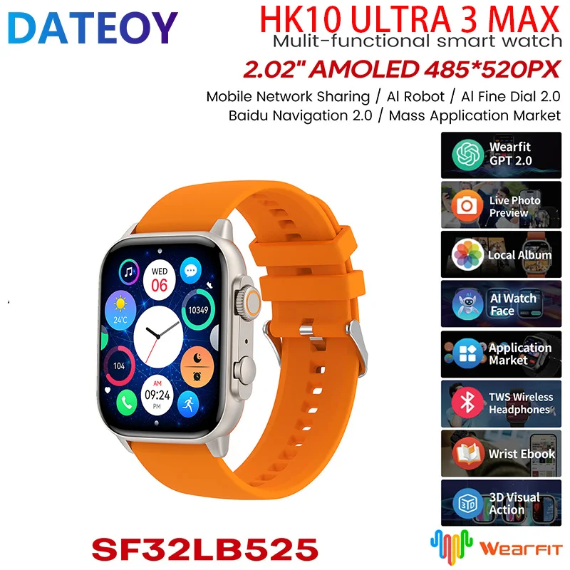 HK10 Ultra 3 Max AMOLED Smart Watch Ultra 2GB Network AI Sports Fitness ...