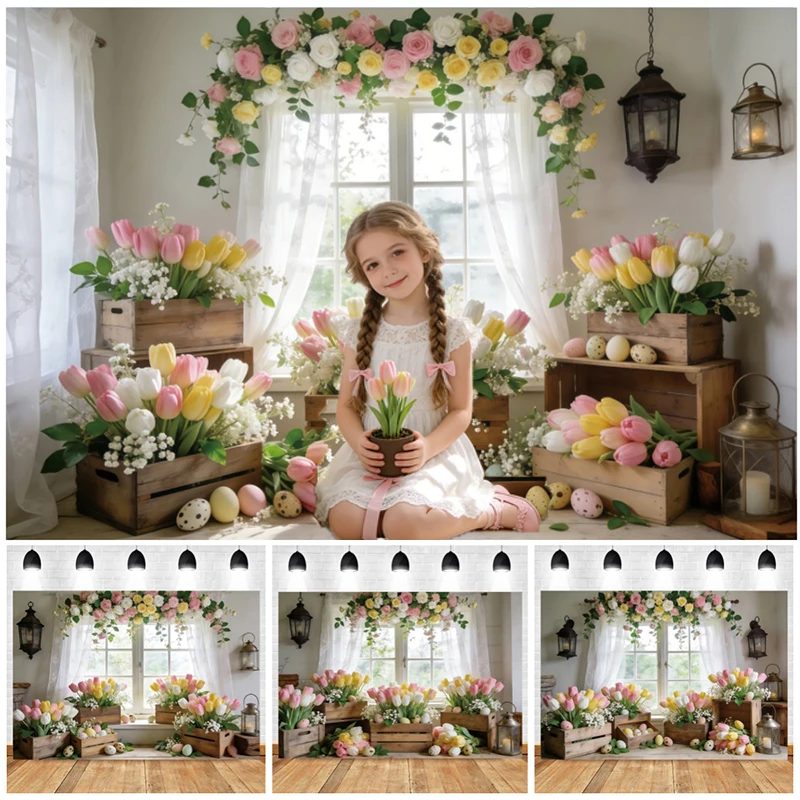 Spring Easter Floral Photography Backdrops Tulip Wooden Crate Egg ...